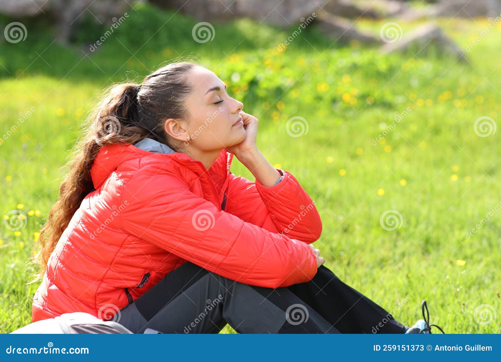 Hiker in Red Relaxing on the Grass Stock Image - Image of happy, health ...
