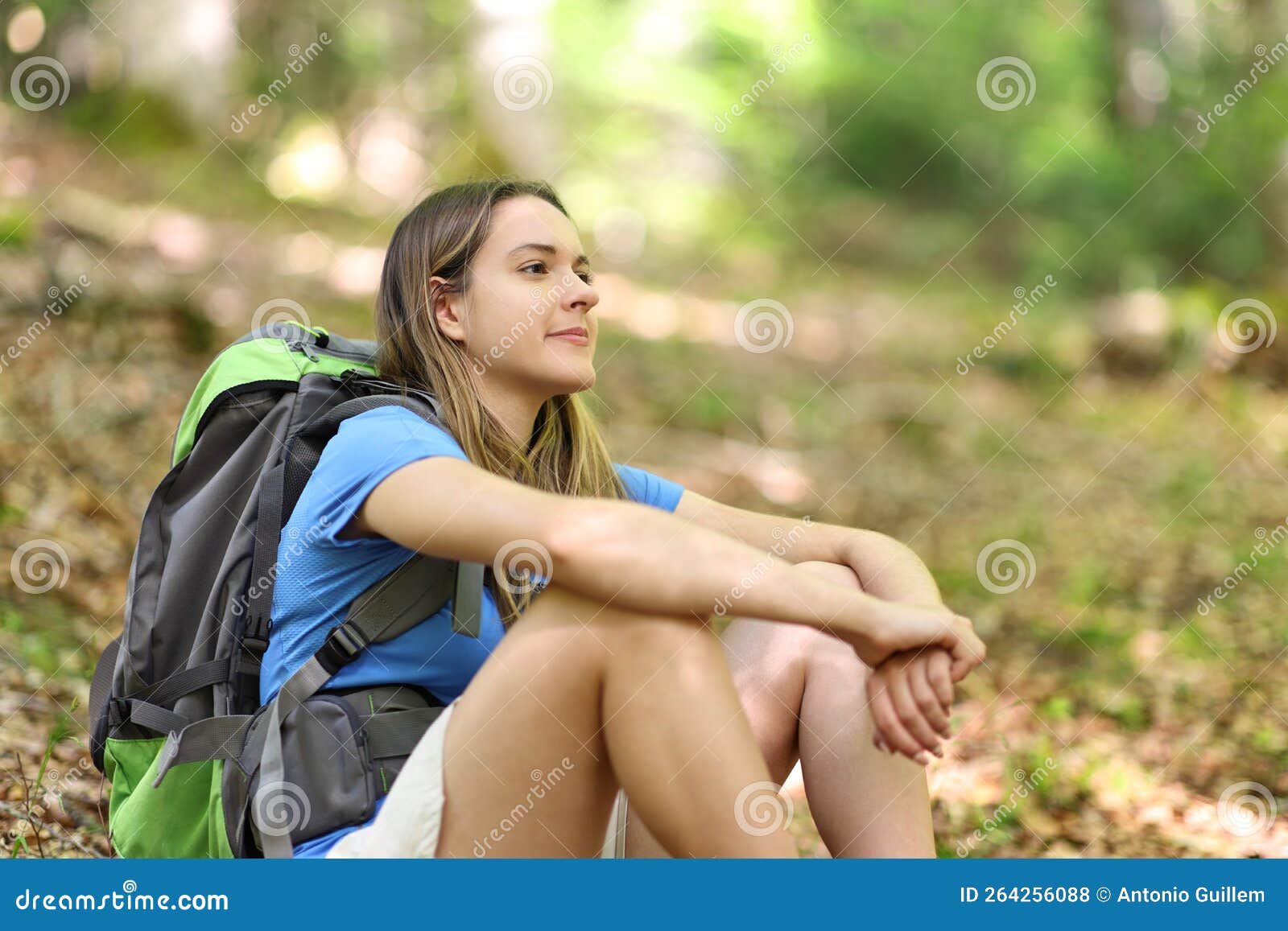 Hiker resting in a forest stock photo. Image of getaway - 264256088