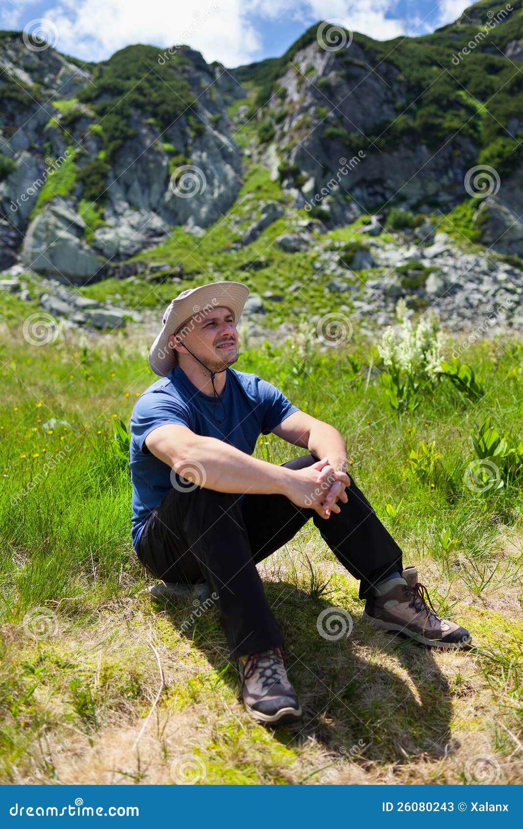 Hiker Resting Near Mountain Stock Image - Image of clouds, full: 26080243