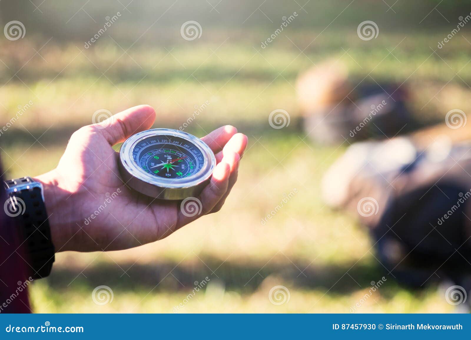 Hiker Searching Direction with a Compass in the Forest. Stock Photo ...
