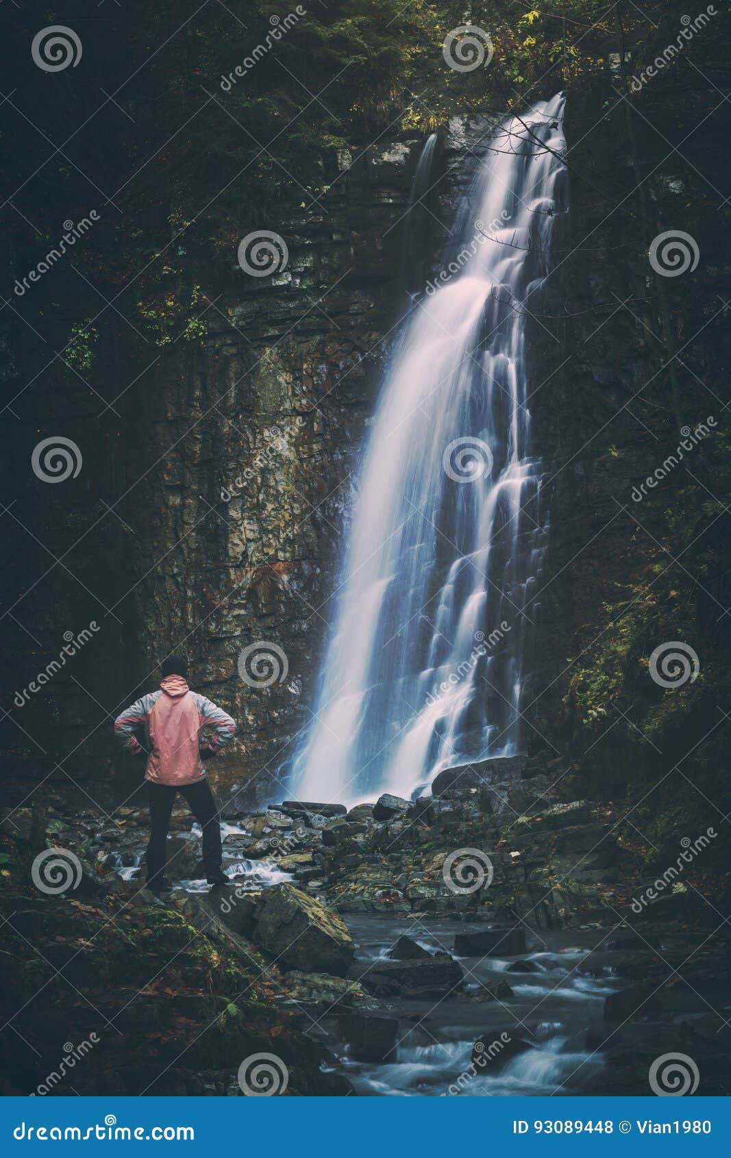 Hiker Standing in Front of the Waterfall. Instagram Stylization Stock ...