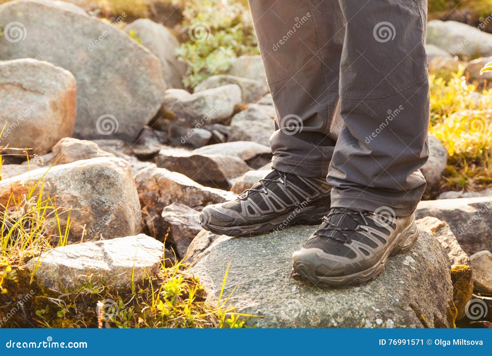Hiker Standing on Rock, Legs in Boots Stock Image - Image of lifestyle ...