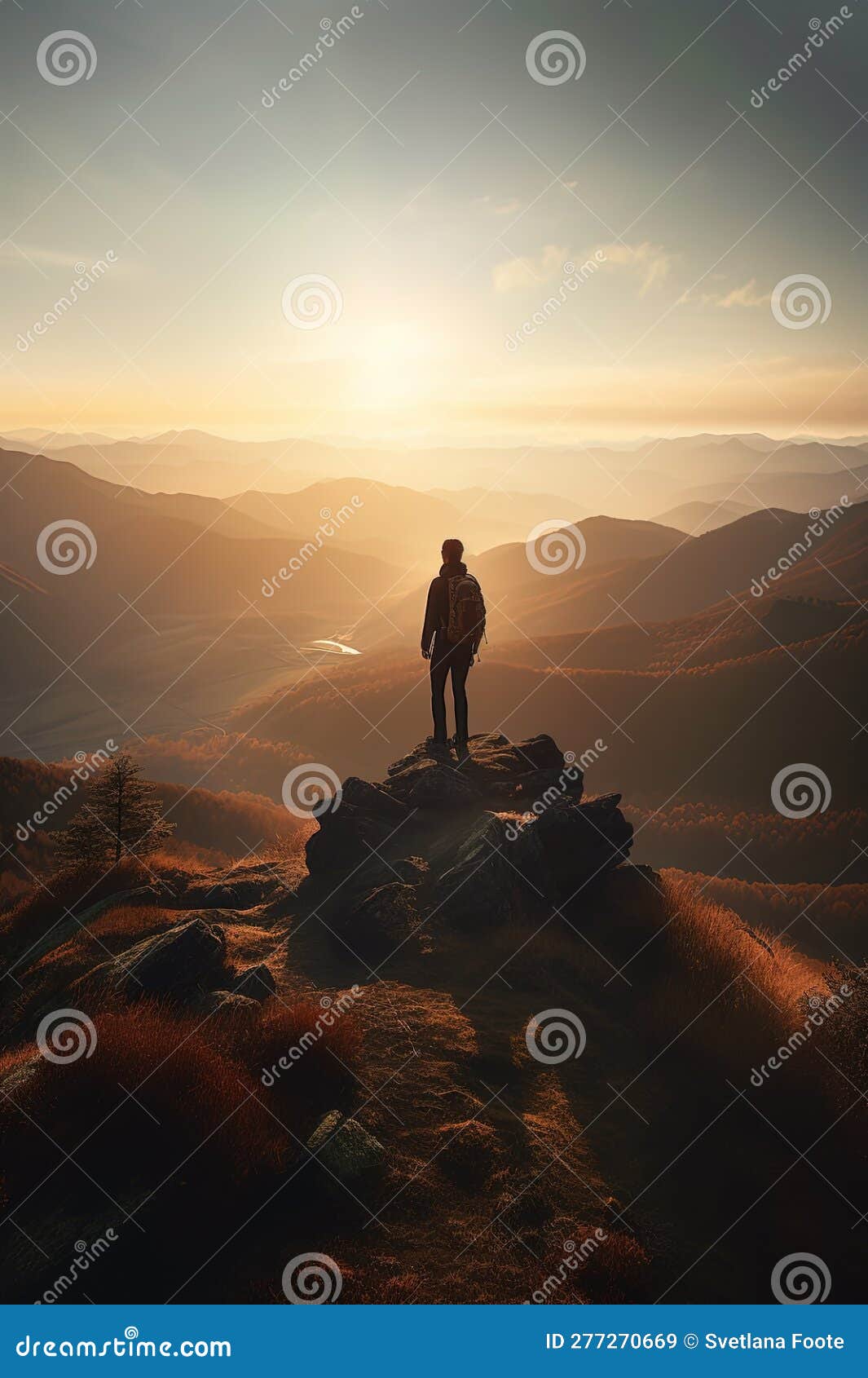 Hiker At The Summit Of A Mountain Overlooking A Stunning View. Apex ...
