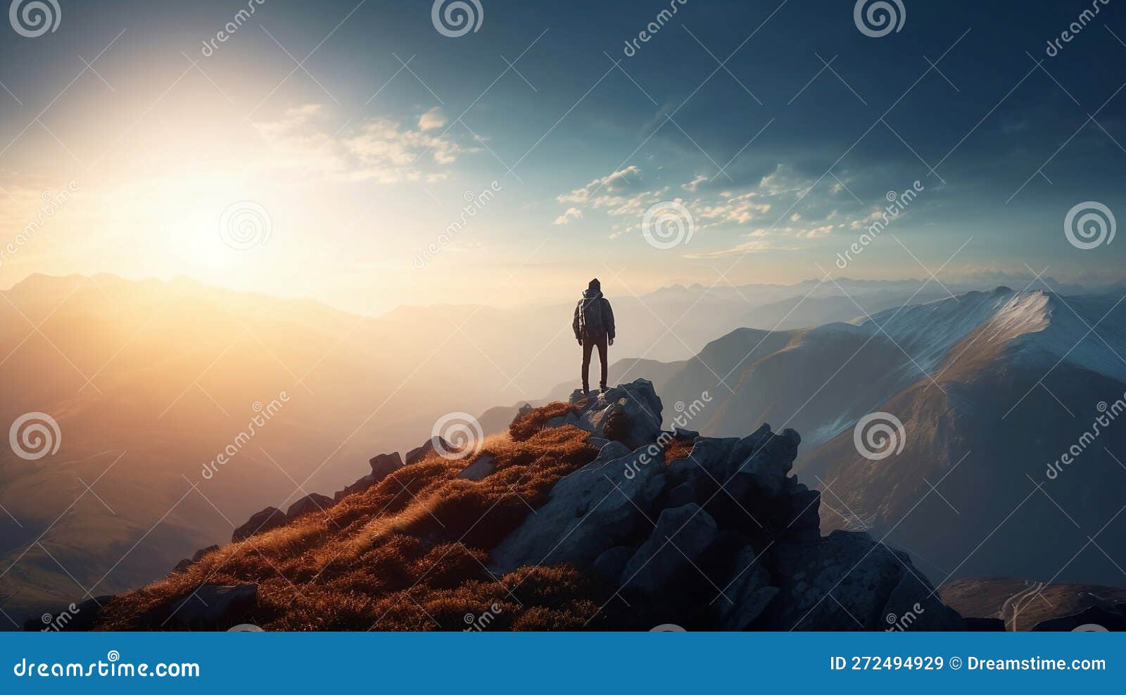 Hiker Standing At Mountain Summit Appreciating The Amazing View Of ...