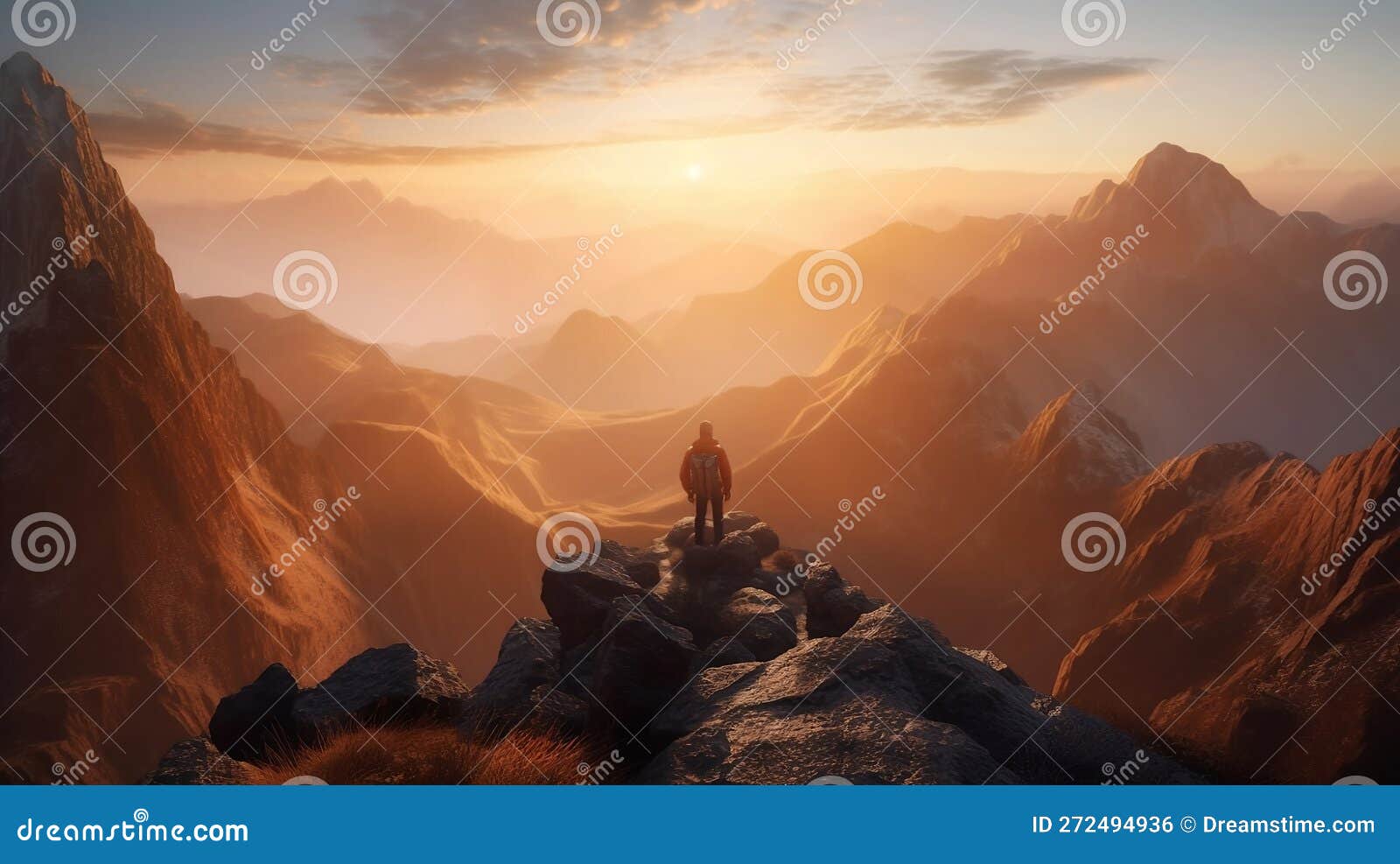 Hiker Standing At Mountain Summit Appreciating The Amazing View Of ...