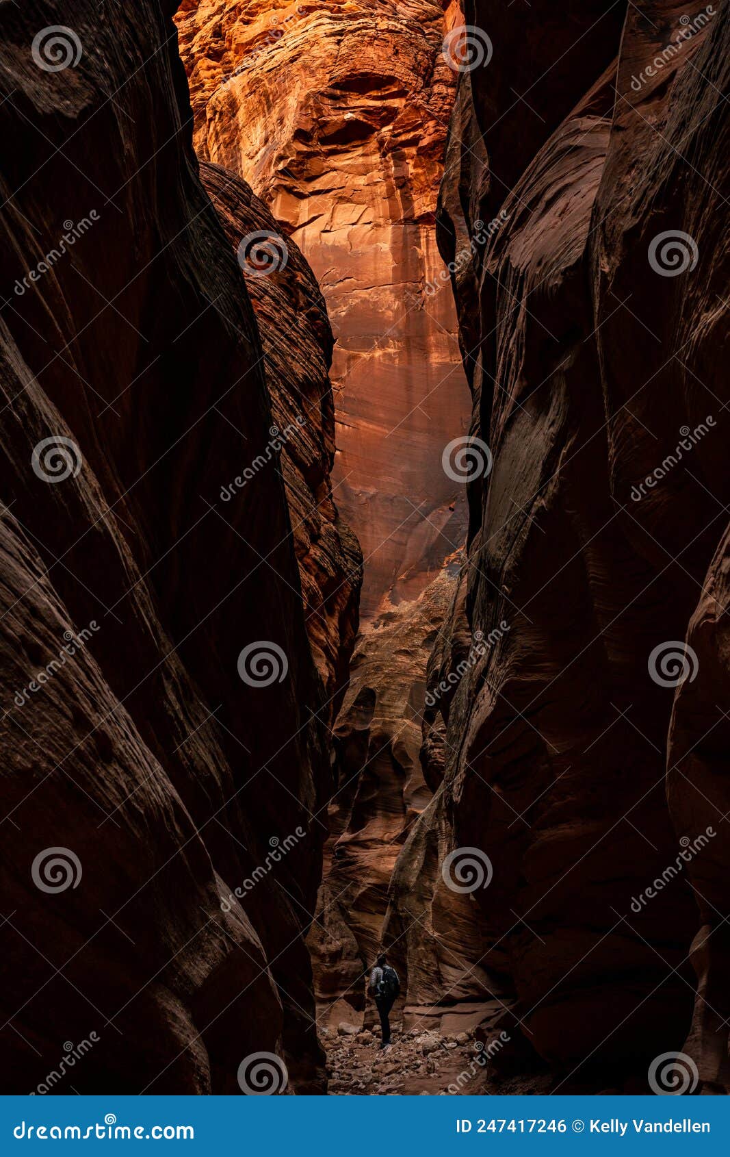 Hiker Stands at the Base of a Tall Canyon Wall Glowing Orange Stock ...