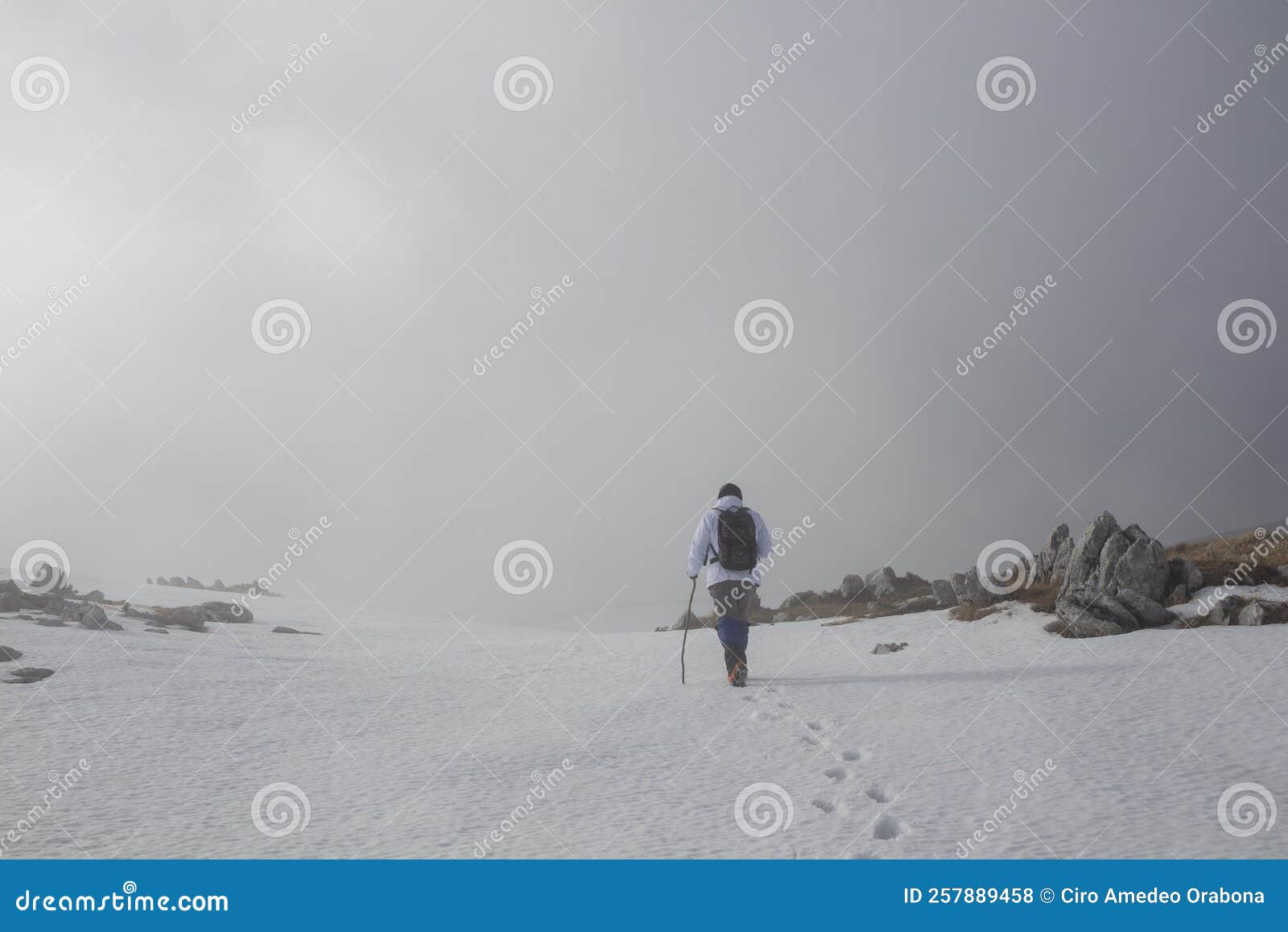 Hiker on the summit stock photo. Image of snow, adventure - 257889458
