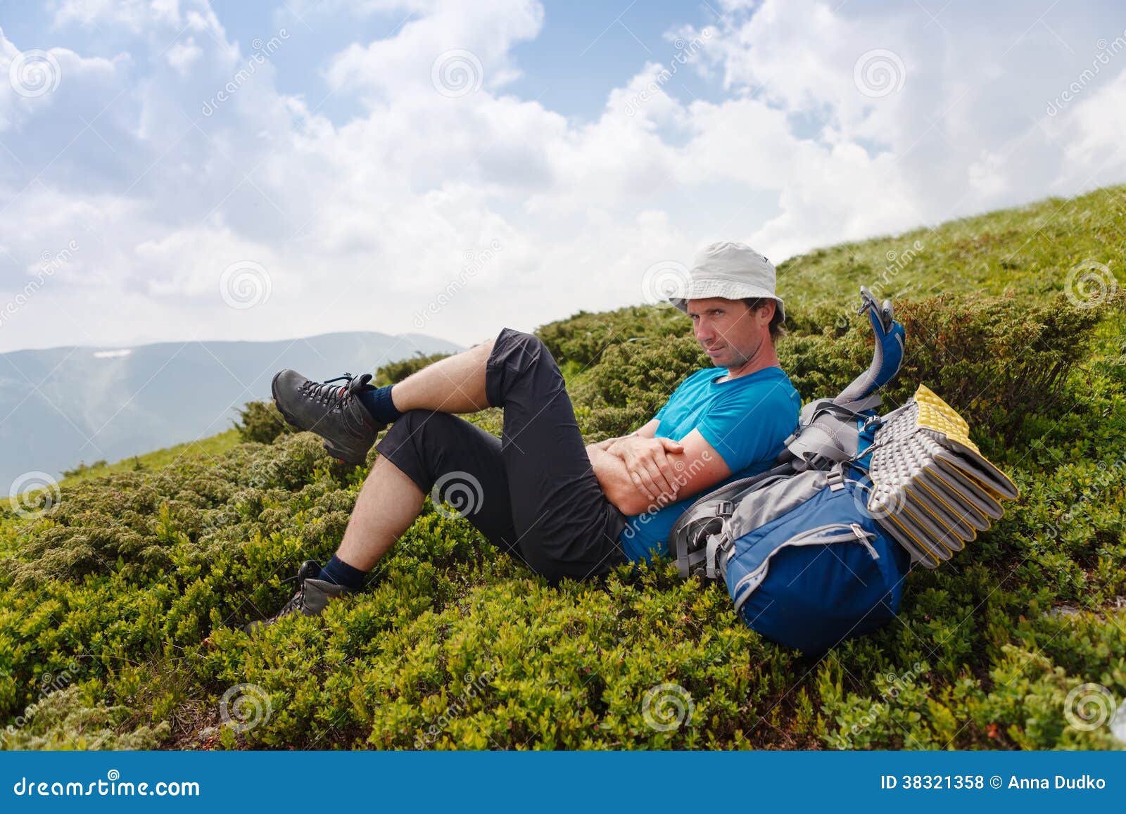 Hiker Takes Rest during Hiking Stock Photo - Image of caucasus, sports ...