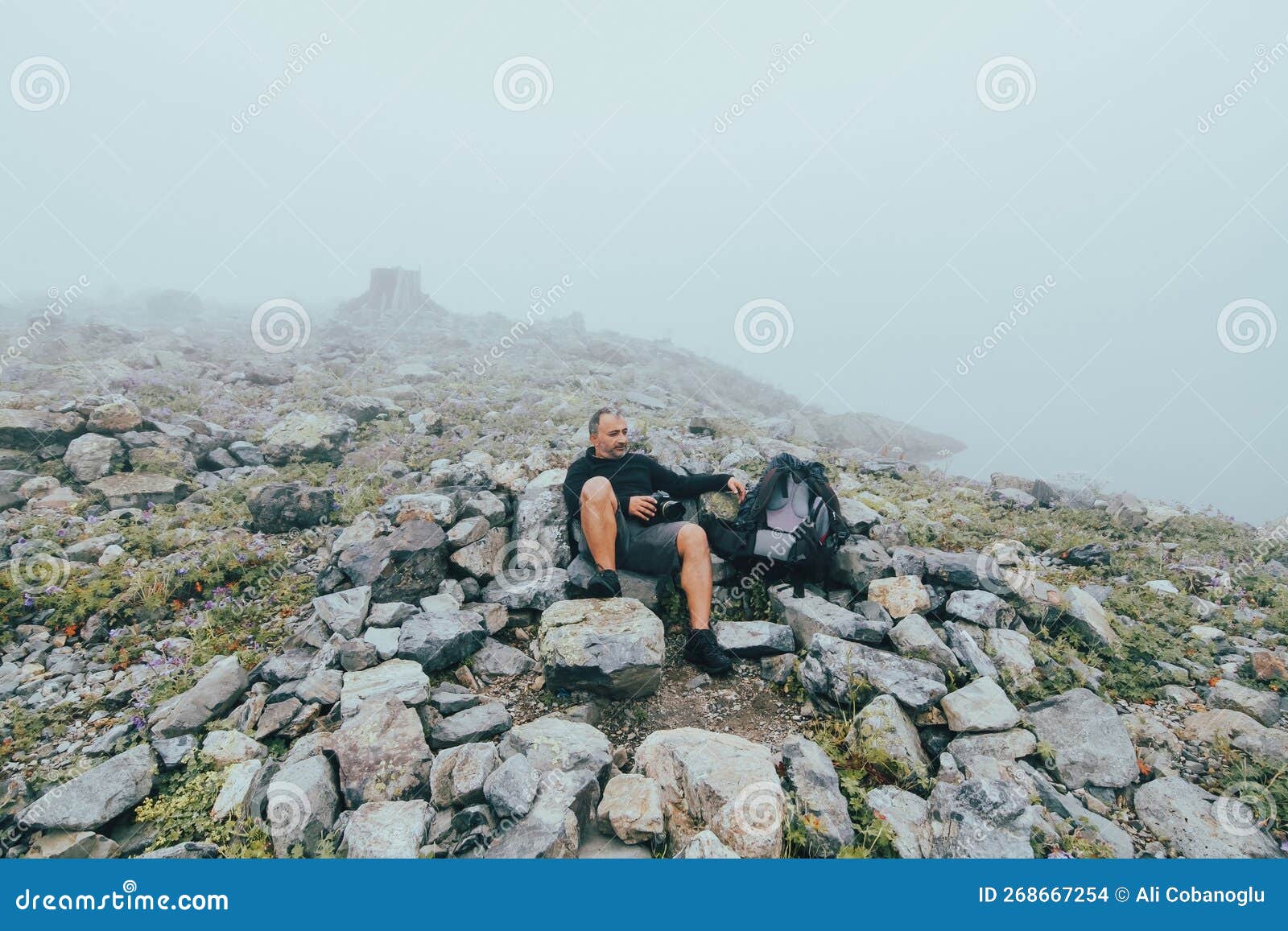 Hiker Taking a Break during Mountain Climbing Stock Photo - Image of ...
