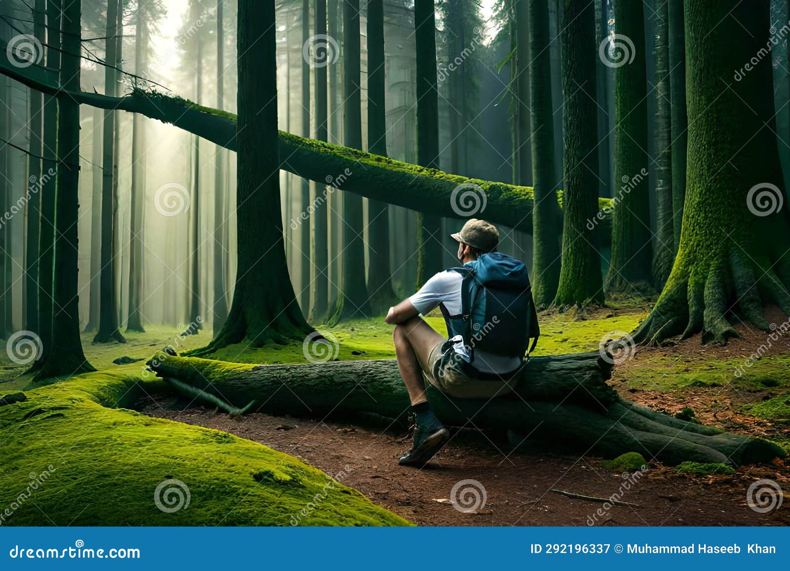 A Hiker Taking a Rest on a Mossy Log, Surrounded by Ancient Trees in a ...