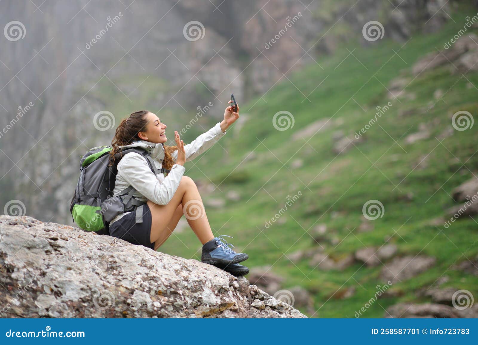 Hiker Taking Selfie on a Rock in the Mountain Stock Image - Image of ...