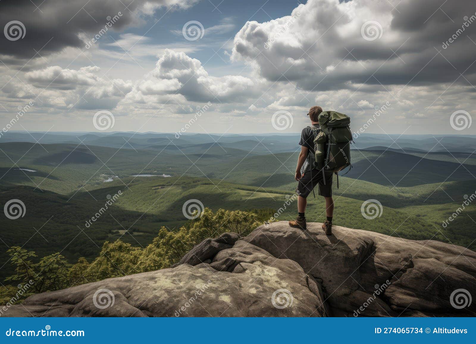Hiker Taking In The View From The Top Of A Scenic Mountain, With Clouds ...