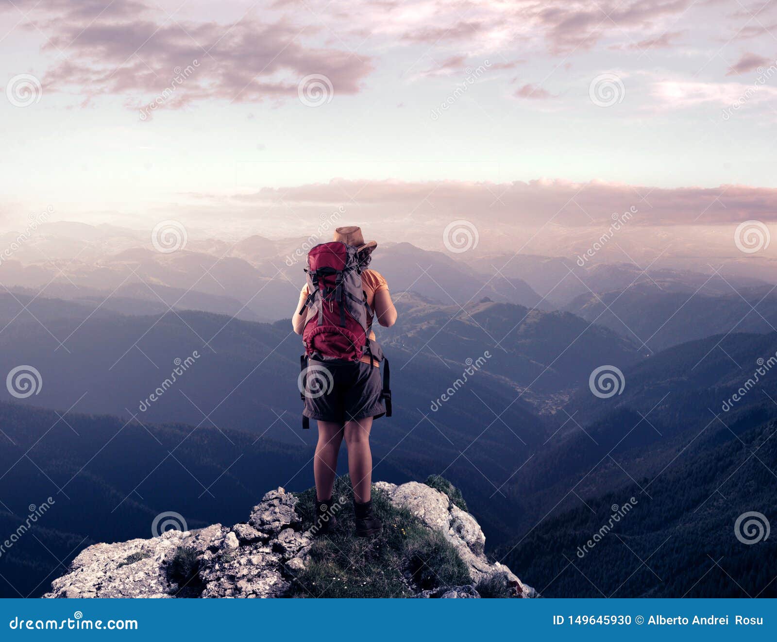Hiker on top of a mountain stock photo. Image of aerial - 149645930