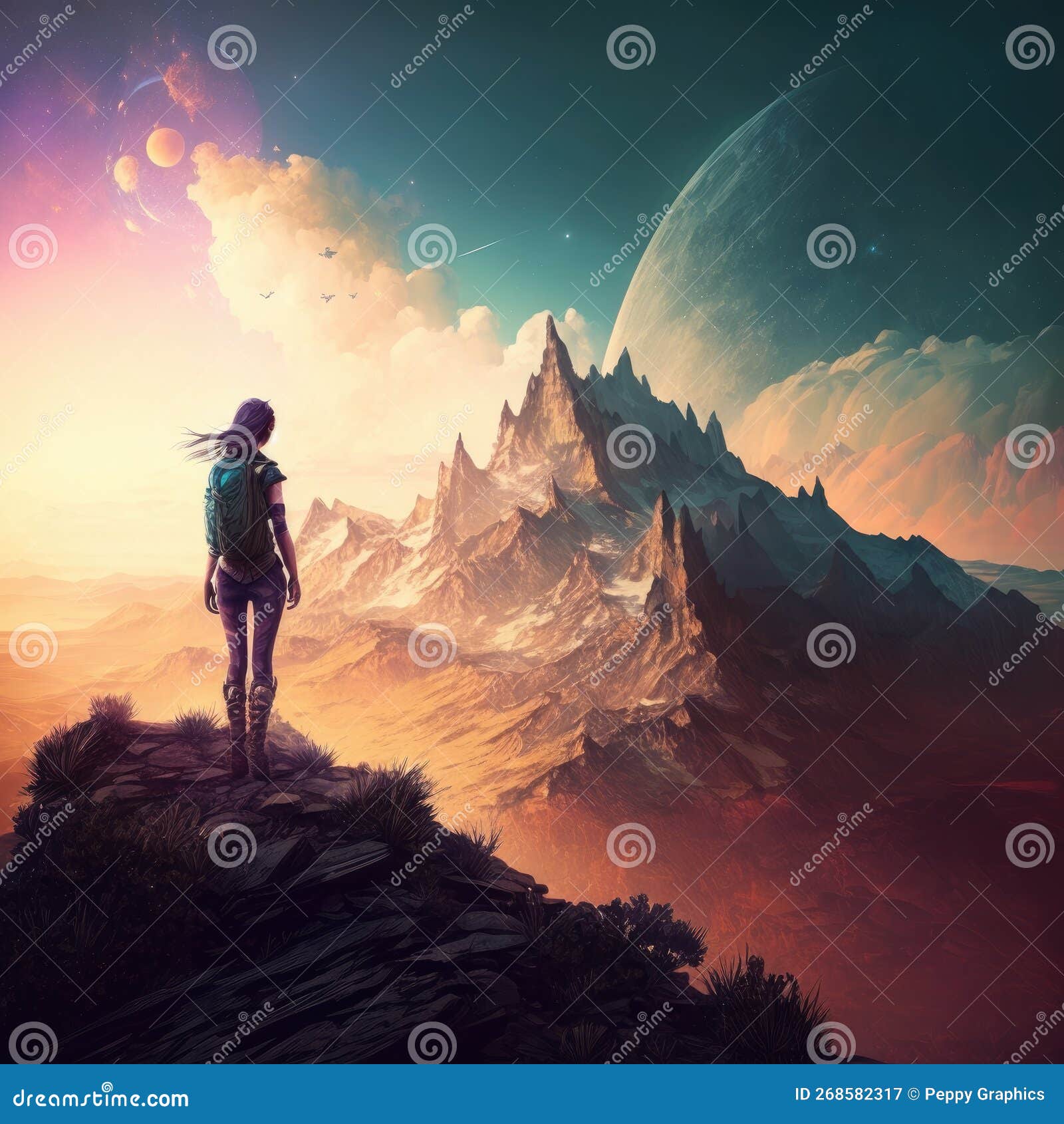 Hiker On Top Of The Mountain In A Utopian Planet ,, AI Generated ...