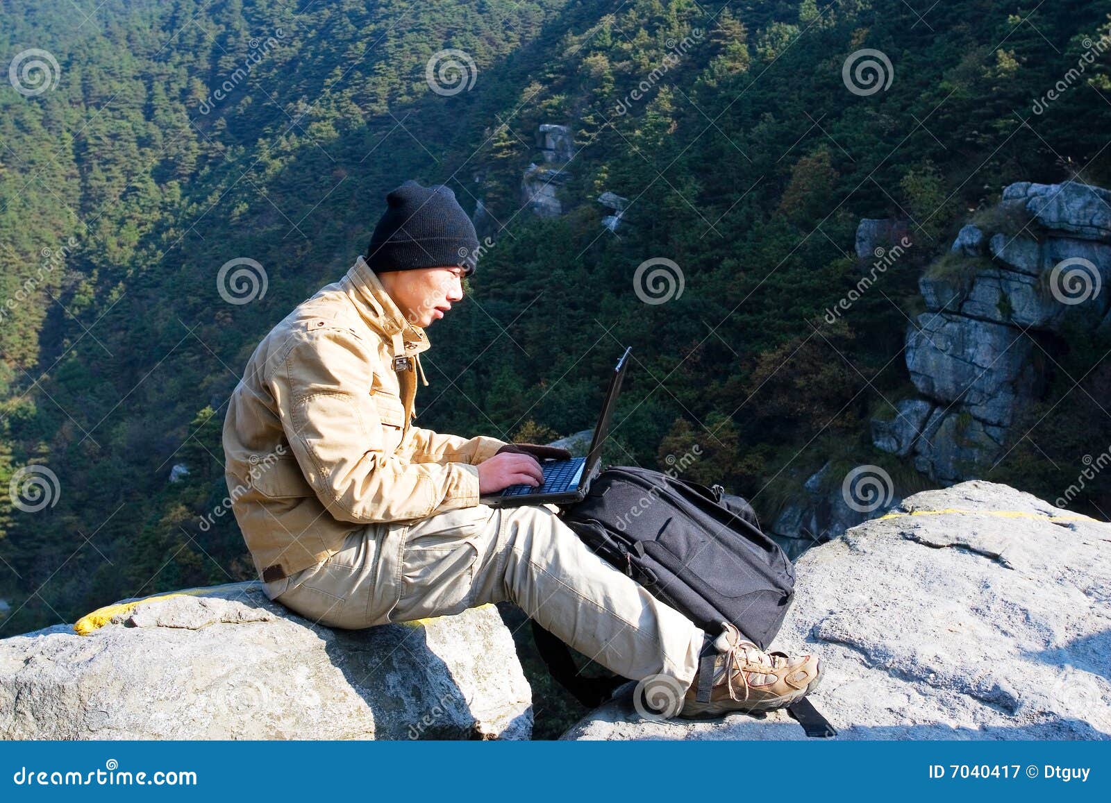 Hiker Using a Laptop Outdoors Stock Image - Image of business ...