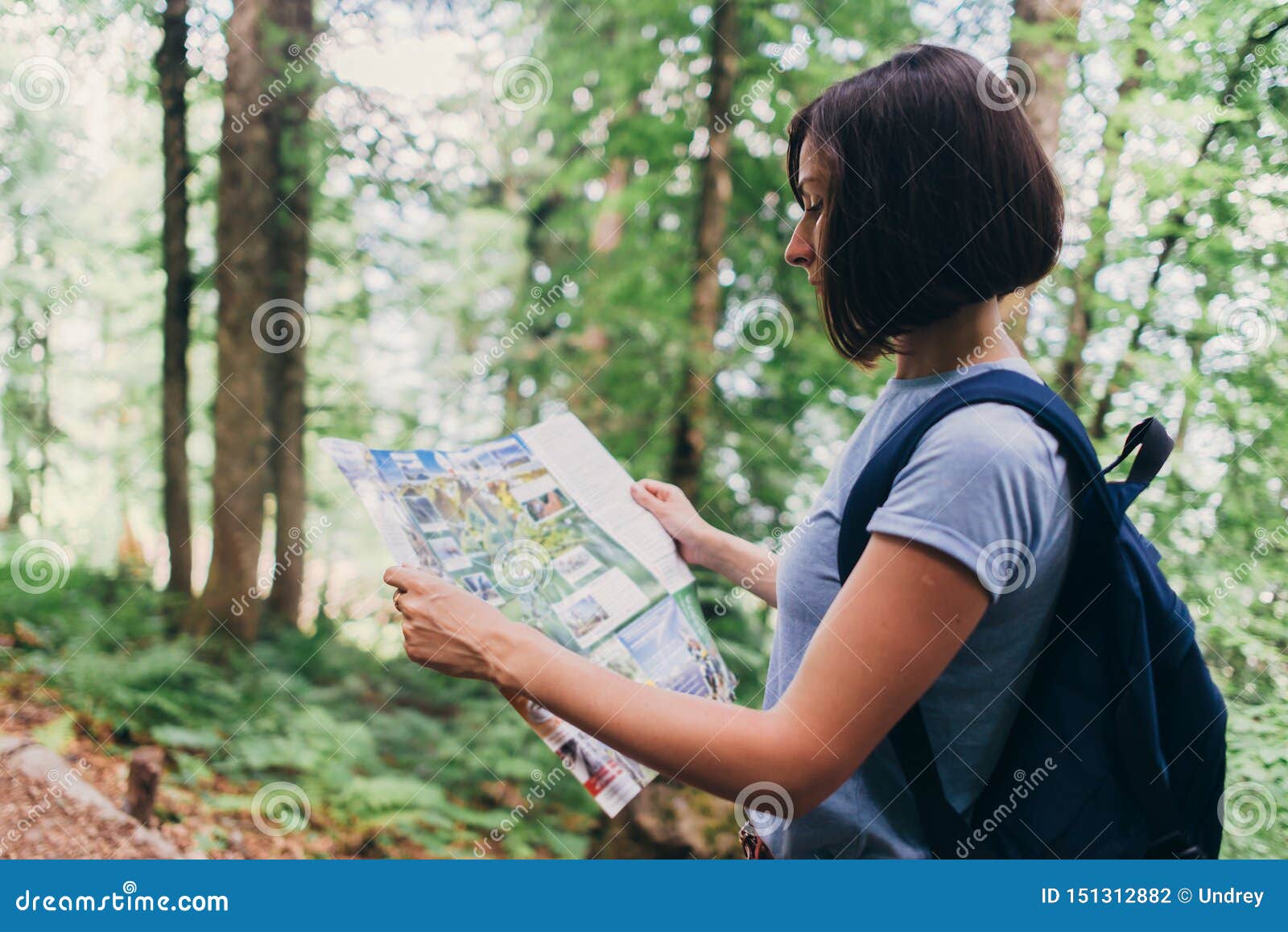 Hiker Using a Map To Locate the Destination in Forest Stock Photo ...
