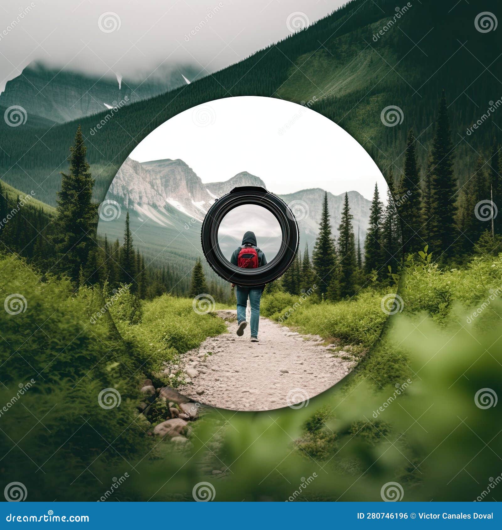 Hiker Viewed from Different Camera Lens in the Forest. Stock ...