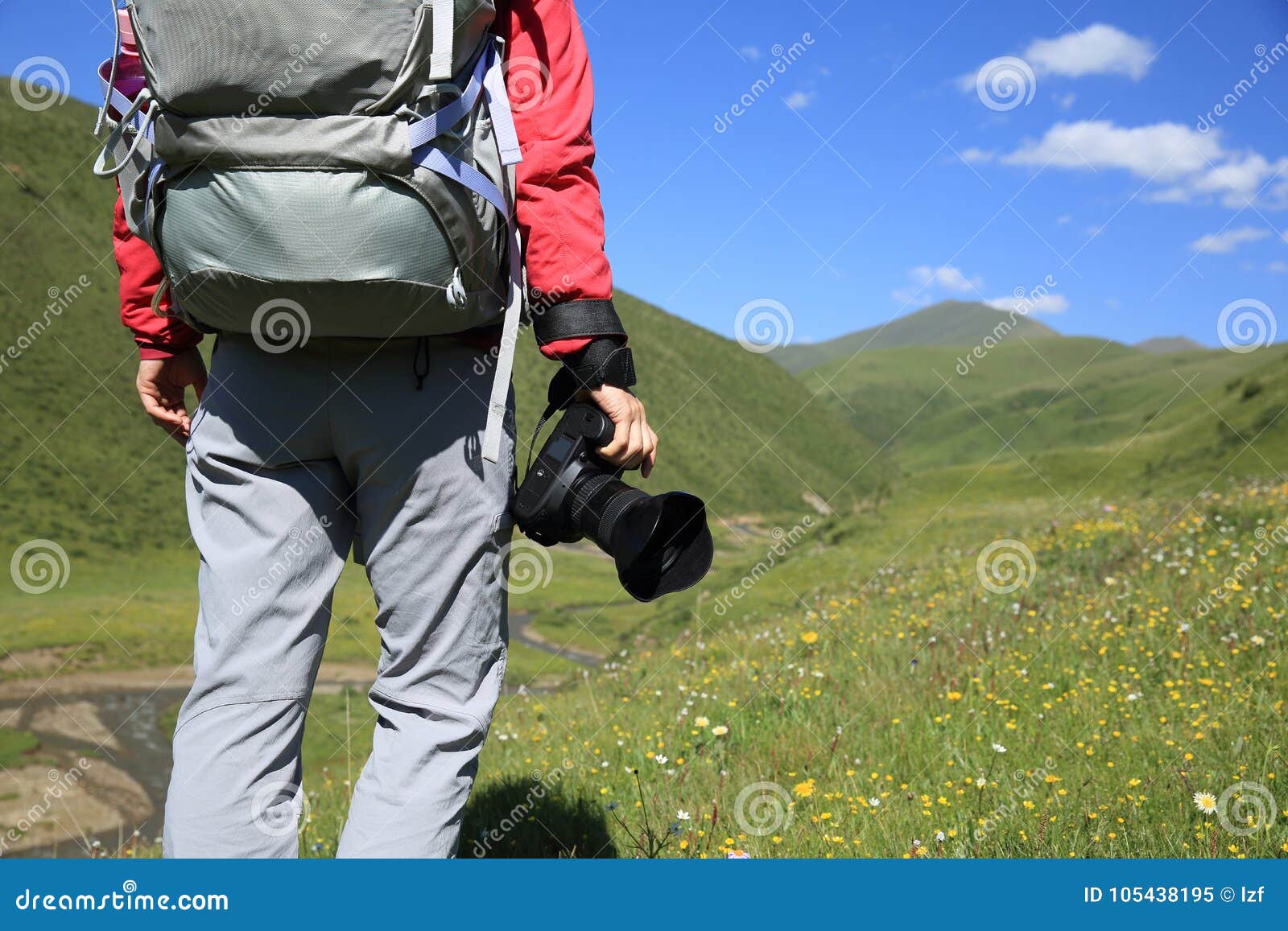 Hiker Walking with Camera in Mountains Stock Image - Image of carefree ...