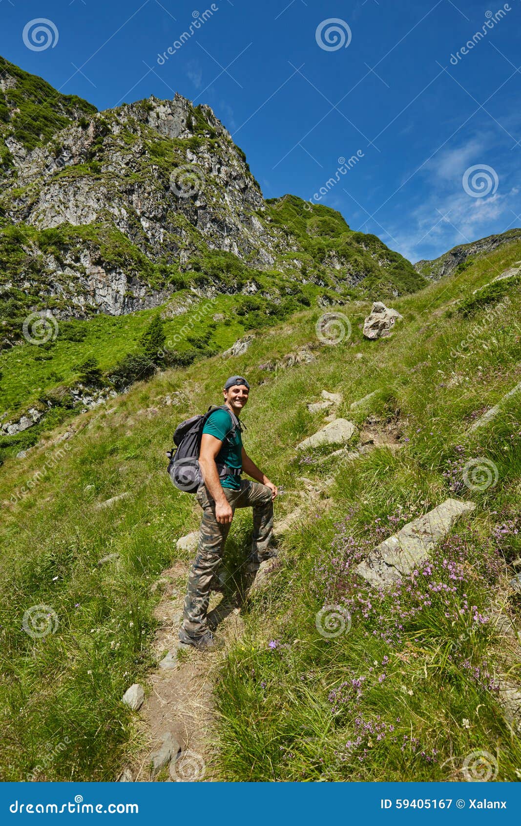 Hiker Walking To the Mountain Peak Stock Image - Image of backpacker ...