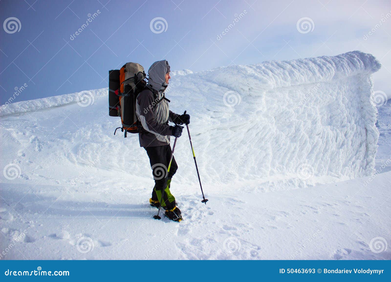 Hiker in Winter Mountains Snowshoeing. Stock Image - Image of backpack ...