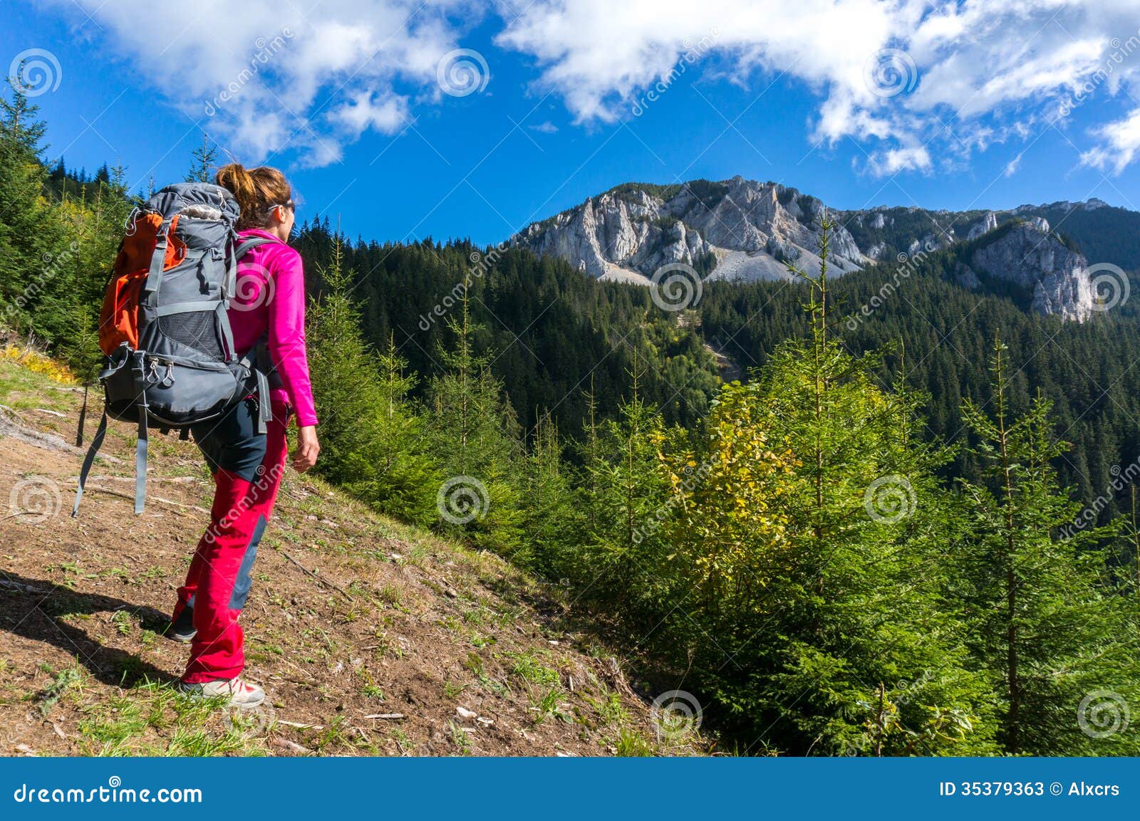 Hiker woman with backpack stock image. Image of mountain - 35379363