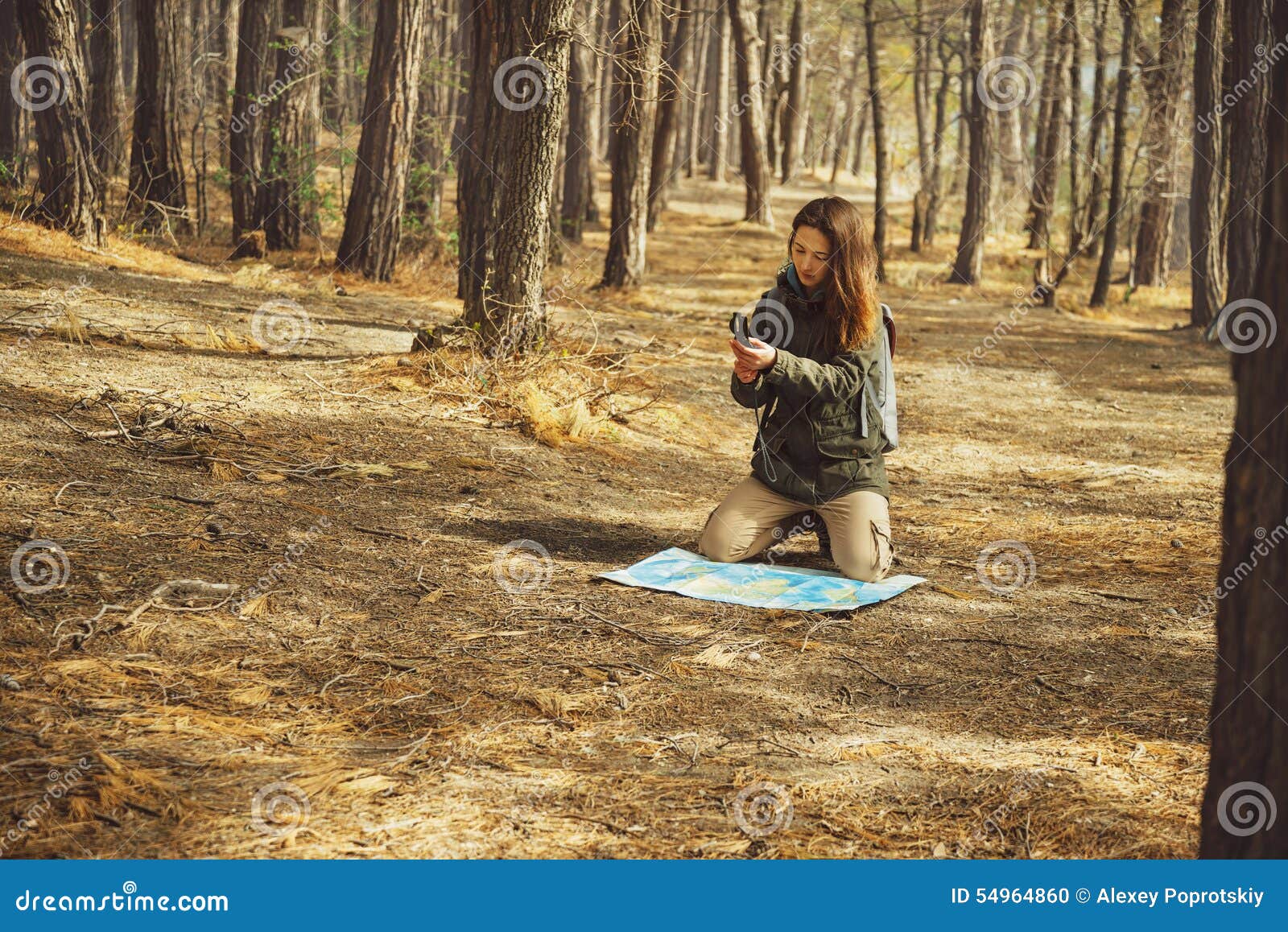 Hiker Woman Searching Direction in the Forest Stock Photo - Image of ...