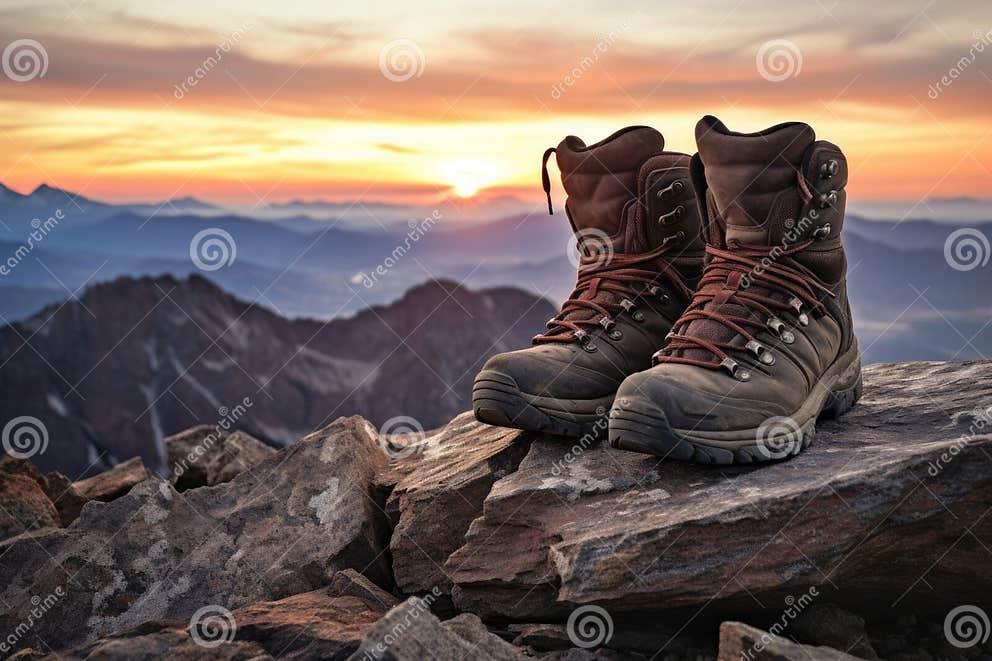 Hikers Boots Resting on a Rock at Sunset, with a Mountain Backdrop ...