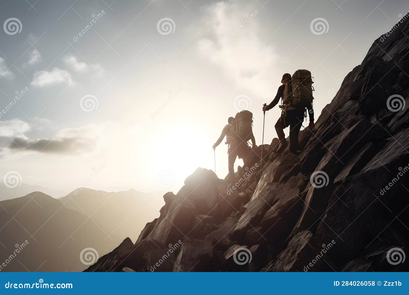 Hikers Climbing on Mountain. Help, Risk and Support Concept. Neural ...