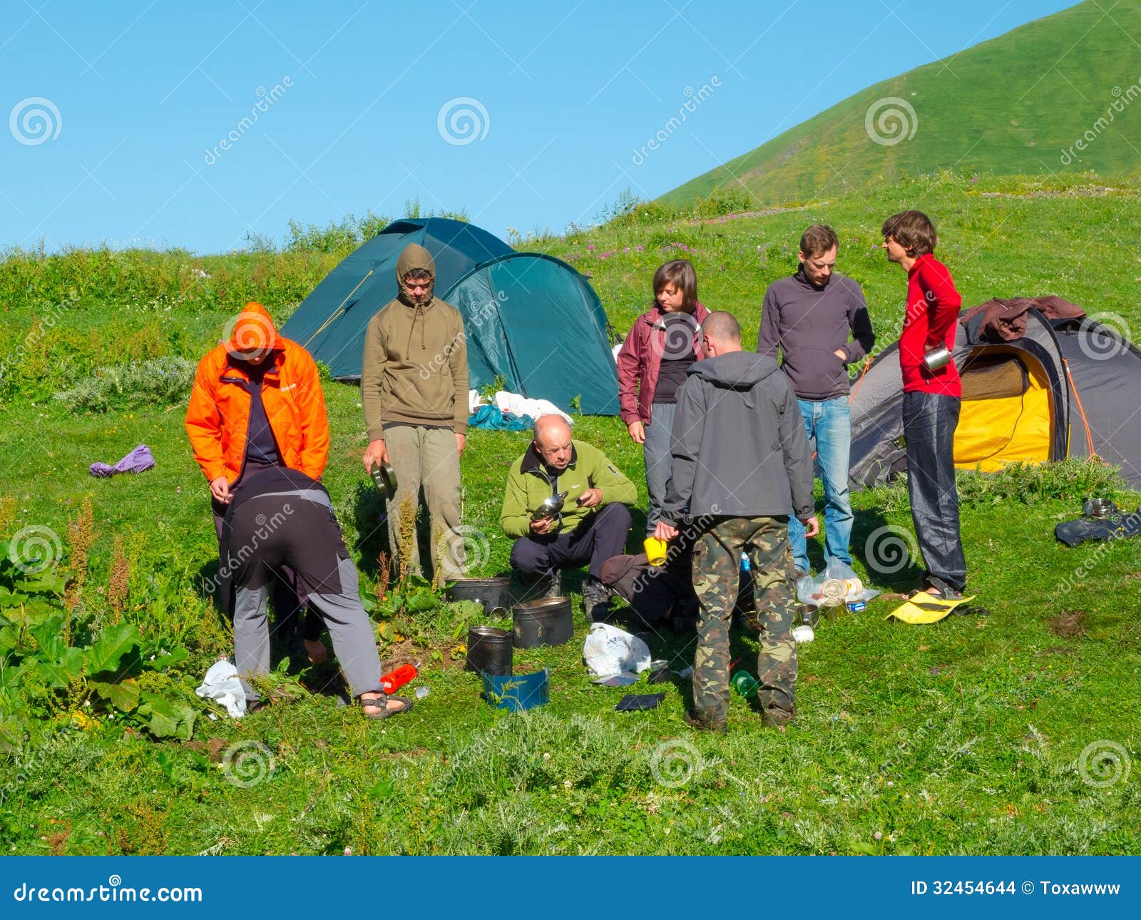 Hikers Eat Breakfast at the Camp Stock Photo - Image of mountains ...