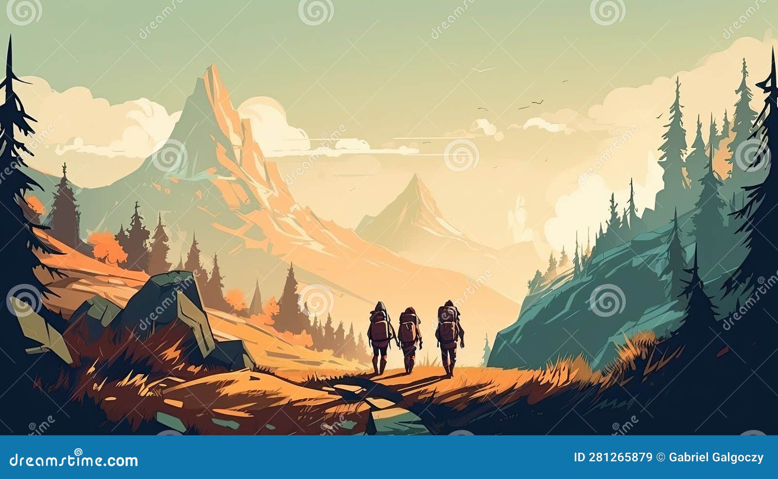Hikers in the Mountains Walking on Path at Sunset Stock Illustration ...