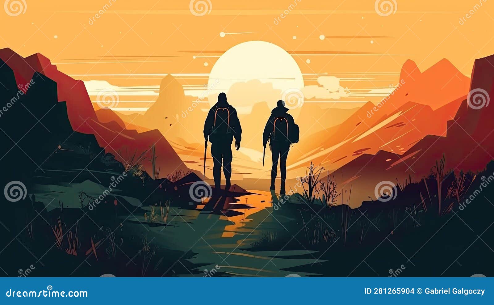 Hikers in the Mountains Walking on Path at Sunset Stock Illustration ...