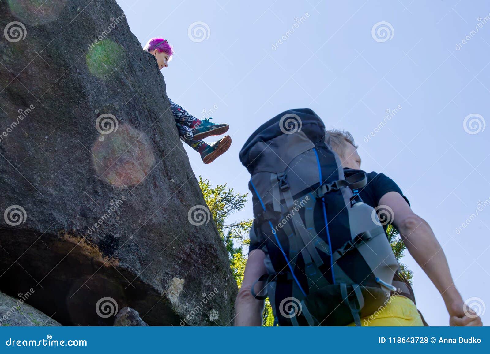 Hikers Rest on the Stone while Hiking Stock Photo - Image of hiker ...