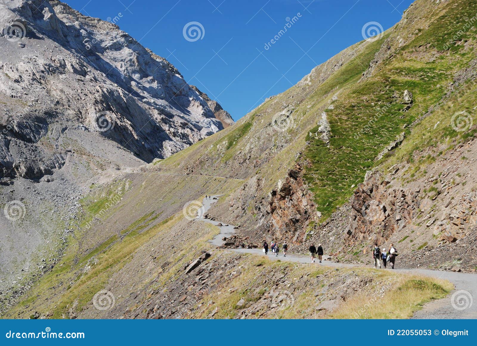 Hikers on the Road Along Mountain Col De Tentes. Stock Image - Image of ...