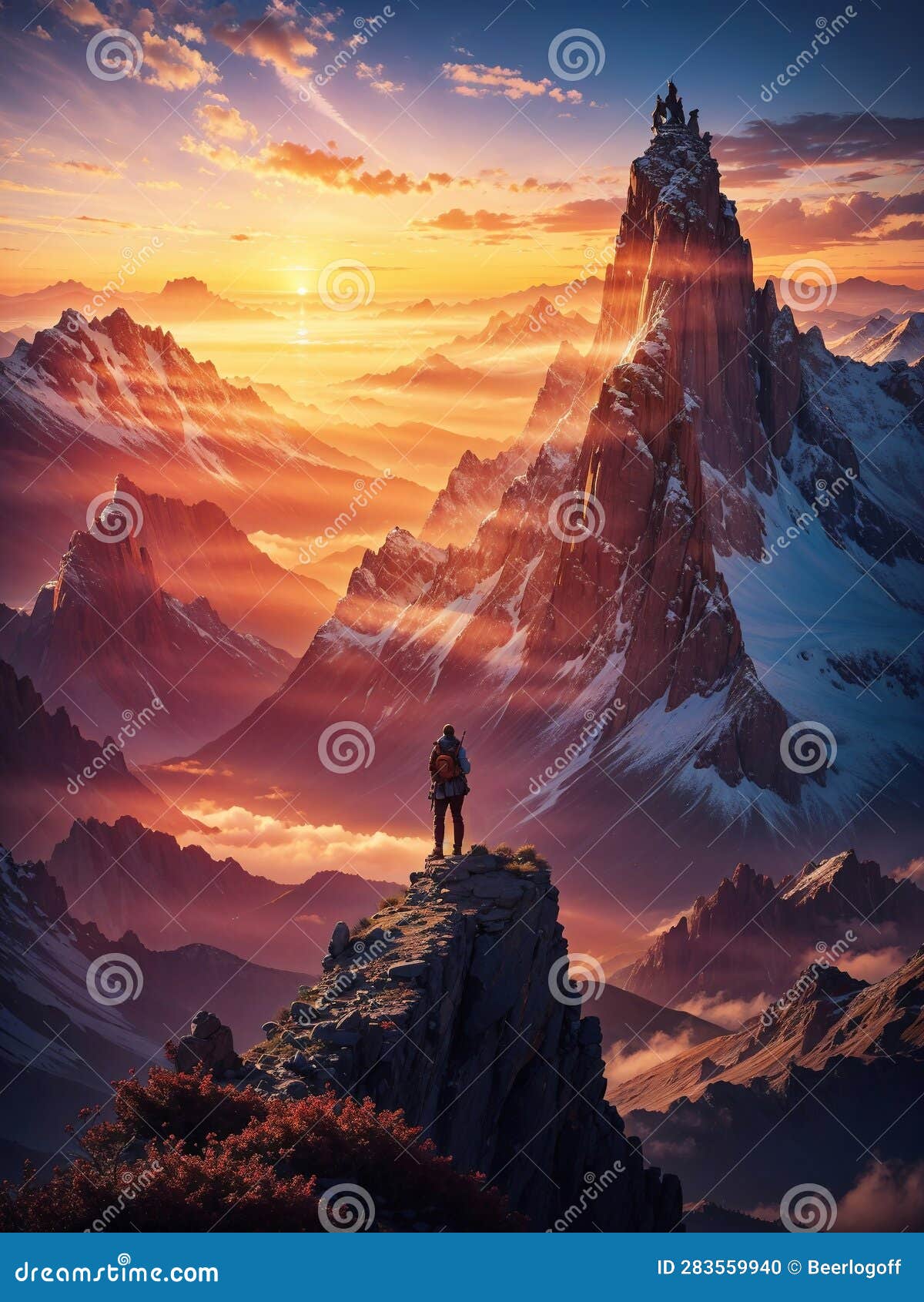 Hikers on a Summit in a Wintry Mountain Landscape Stock Illustration ...