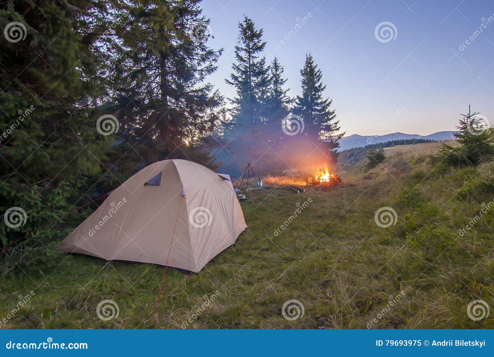 Hikers Tent in Mountains at Evening with a Bonfire with Sparkles Stock ...