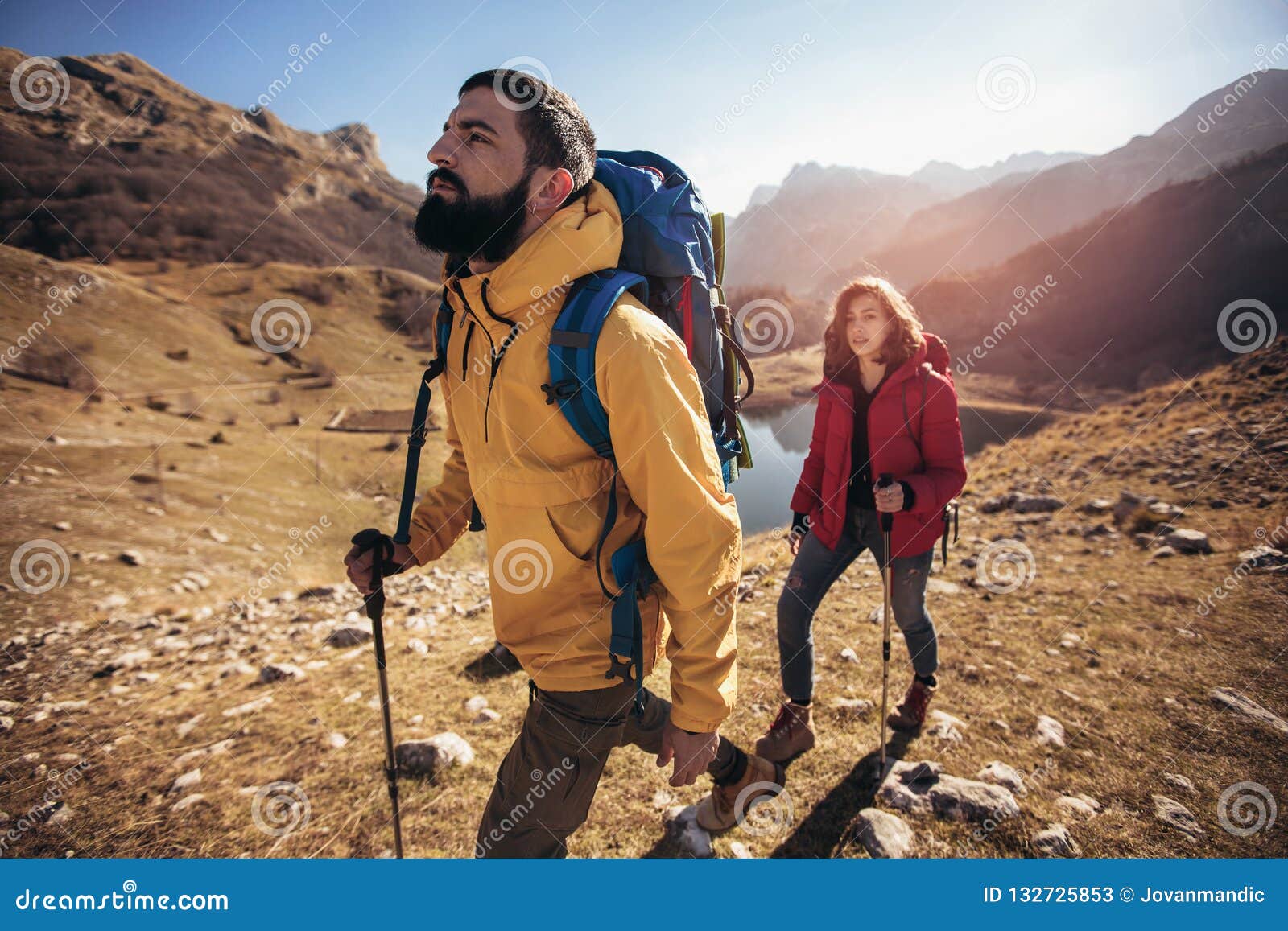 Hikers Walking on a Mountain at Autumn Day Stock Image - Image of ...