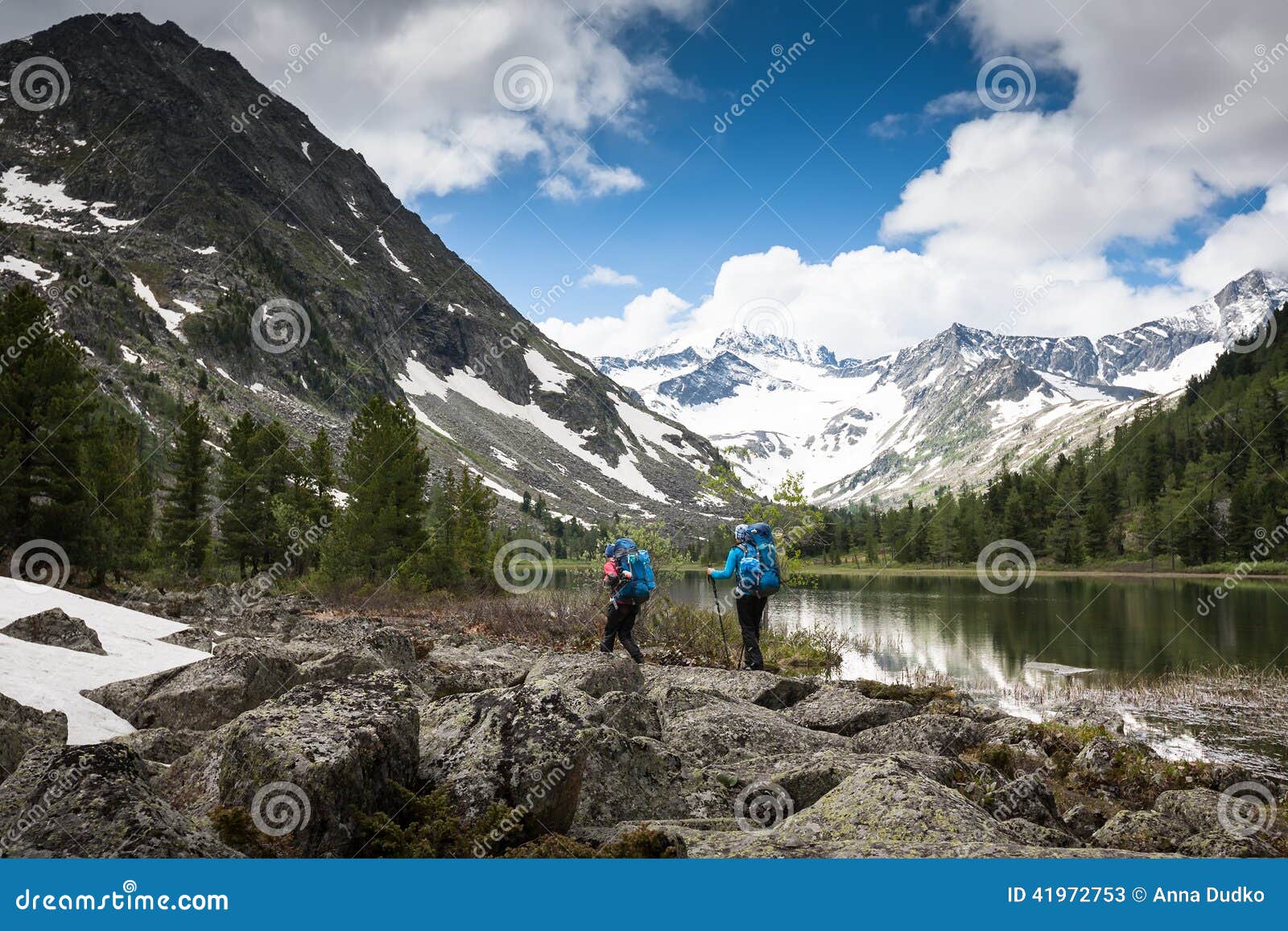 Hikers are Walking by Mountain Lake Stock Image - Image of nature, girl ...