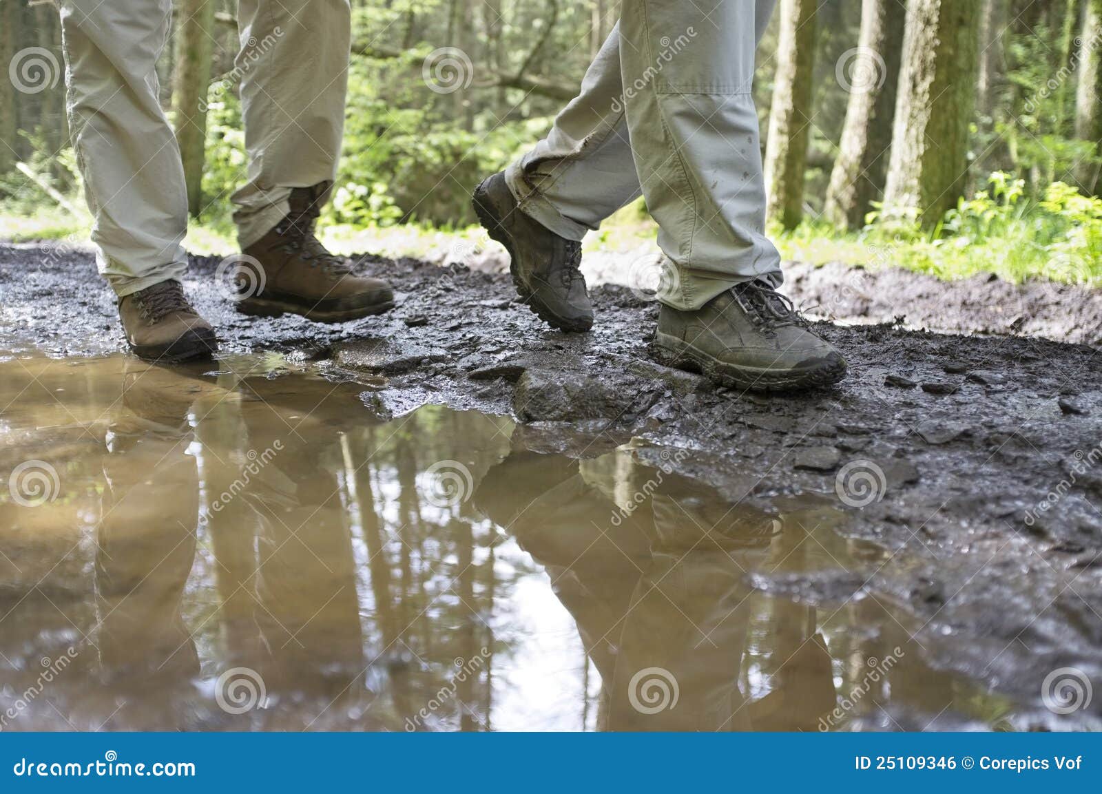 Hikers Walking through Mud Puddle Stock Photo - Image of adventure ...