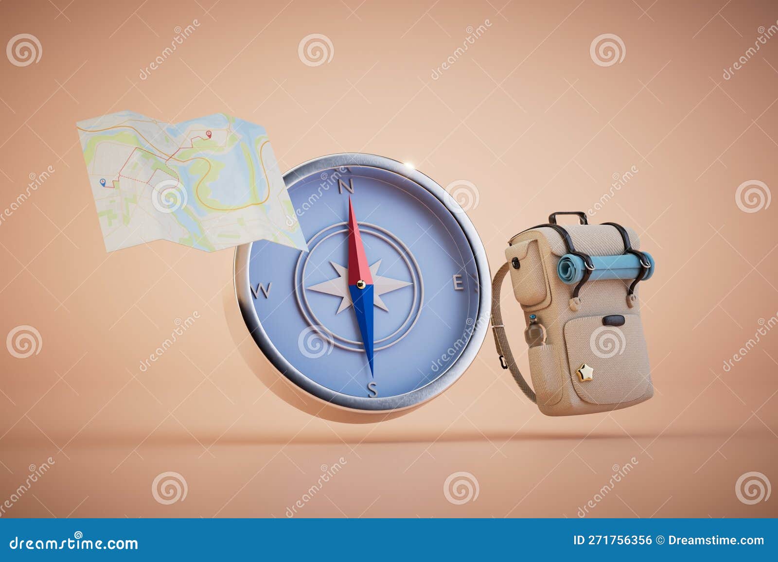 Hiking Along A Specific Route. Compass, Map And Hiking Backpack On A ...