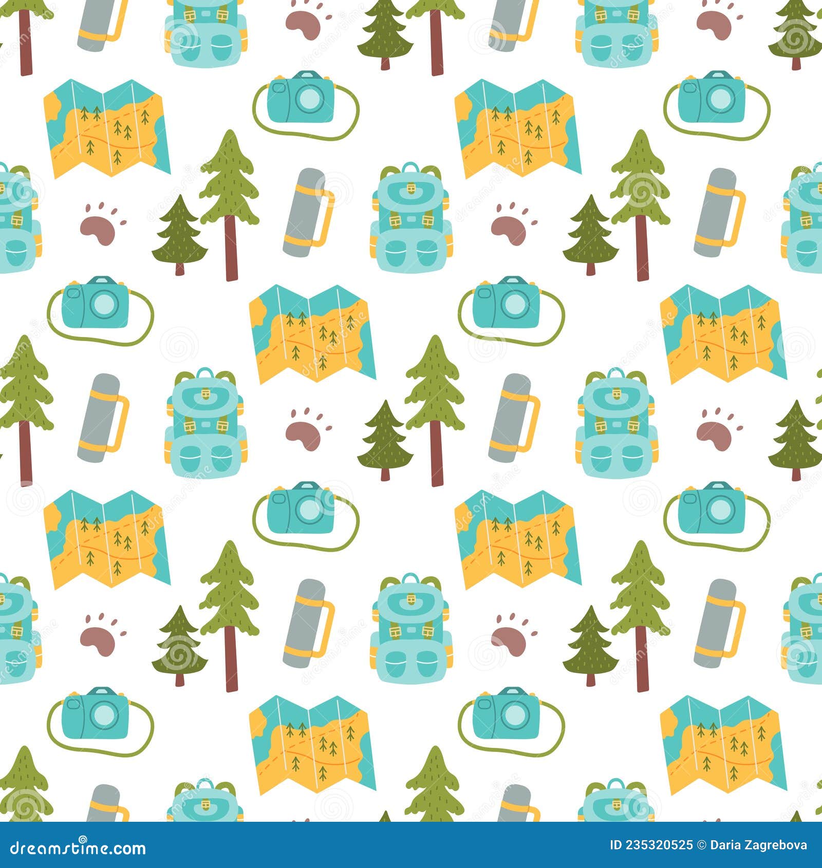 Hiking Backpack with Map, Camera and Thermos in the Forest, Vector ...