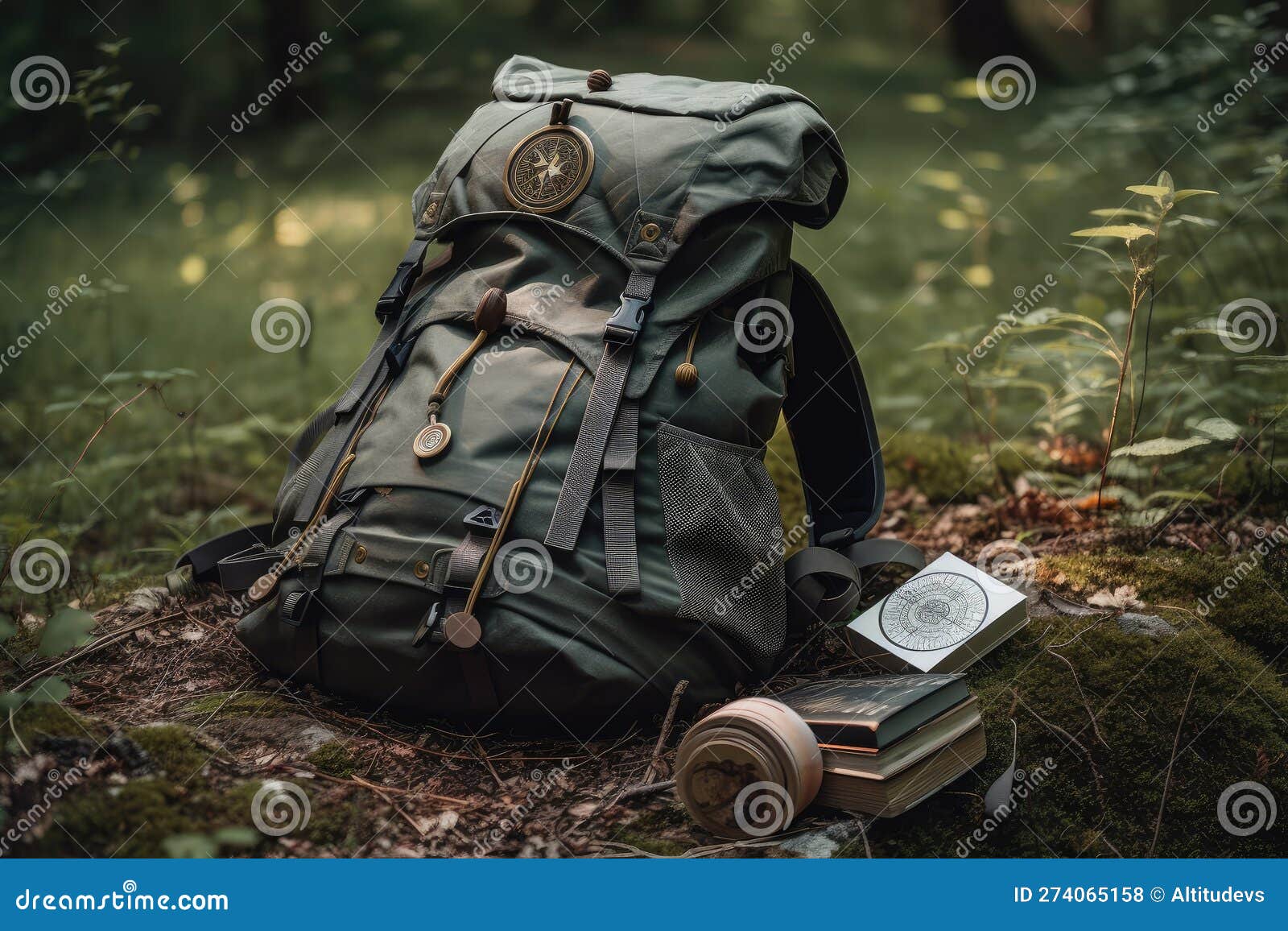 Hiking Backpack with Map and Compass, Ready for Adventure Stock ...