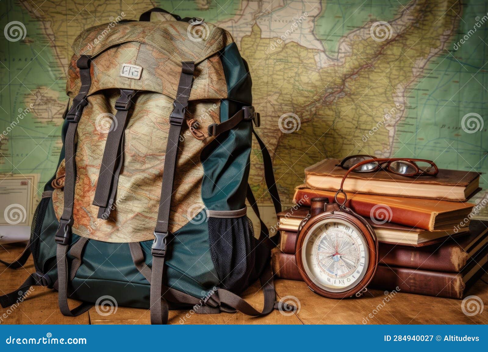 Hiking Backpack Next To a Map and Compass Stock Image - Image of ...
