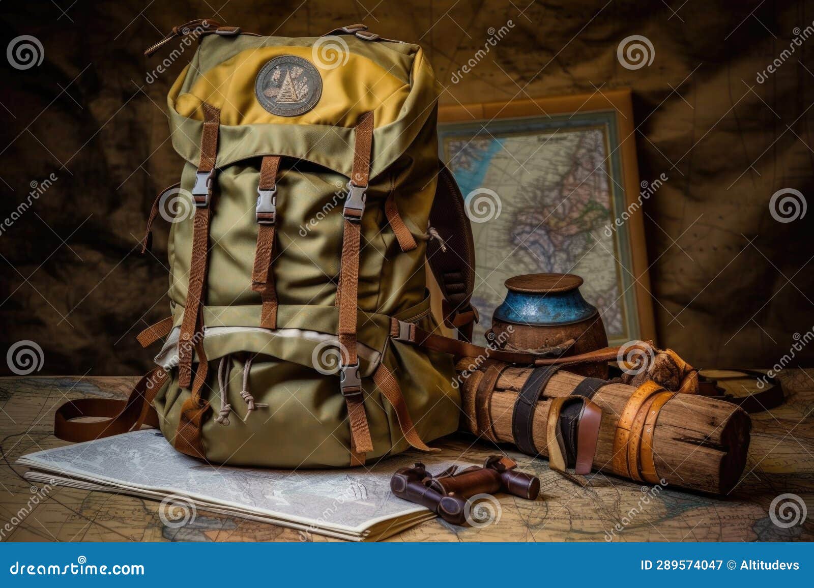 Hiking Backpack Next To a Map and Compass Stock Image - Image of ...