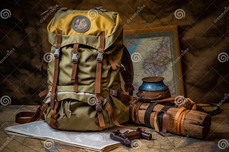 Hiking Backpack Next To a Map and Compass Stock Image - Image of ...