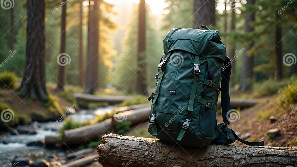 Hiking Backpack Resting on Fallen Tree in Forest Sunlight Filtering ...