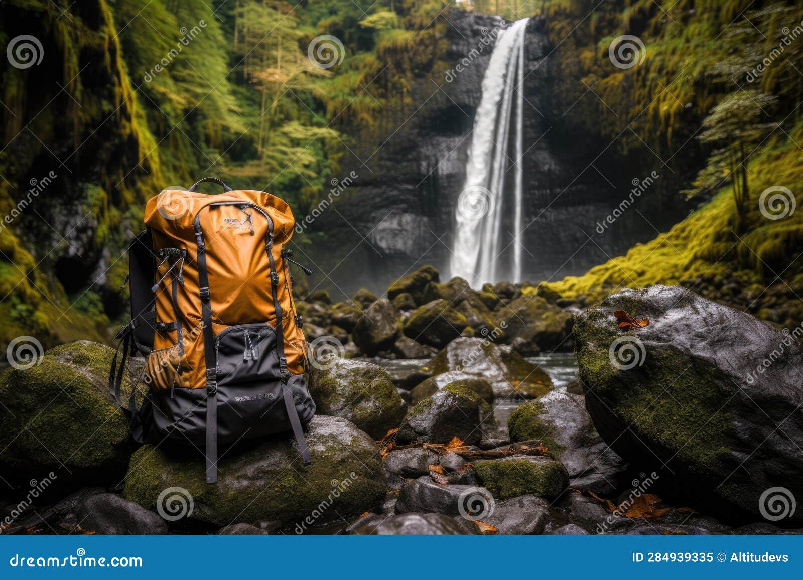 Hiking Backpack Resting beside a Waterfall Stock Illustration ...
