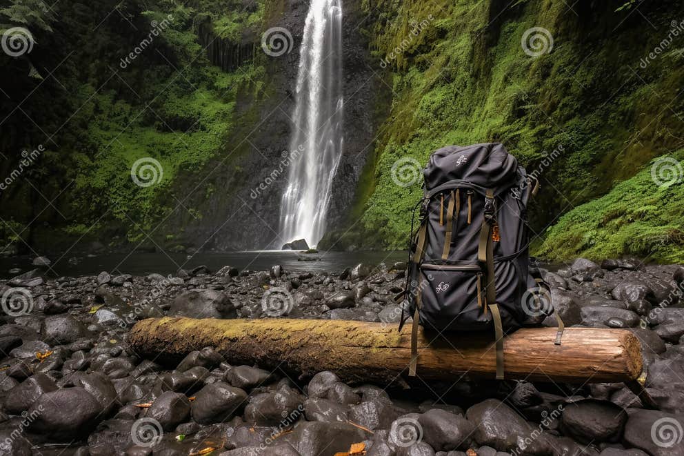 Hiking Backpack Resting beside a Waterfall Stock Illustration ...