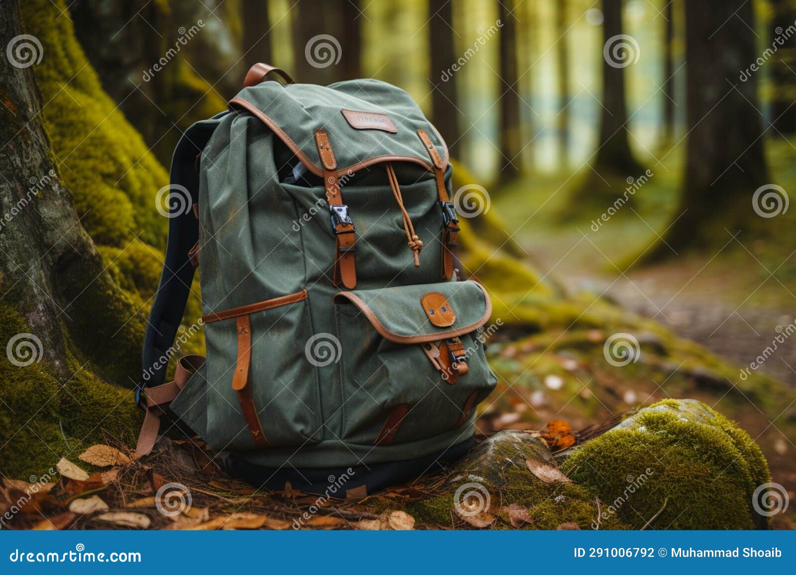 A Hiking Backpack Rests by a Tree, Embodying the Forest Adventure Stock ...