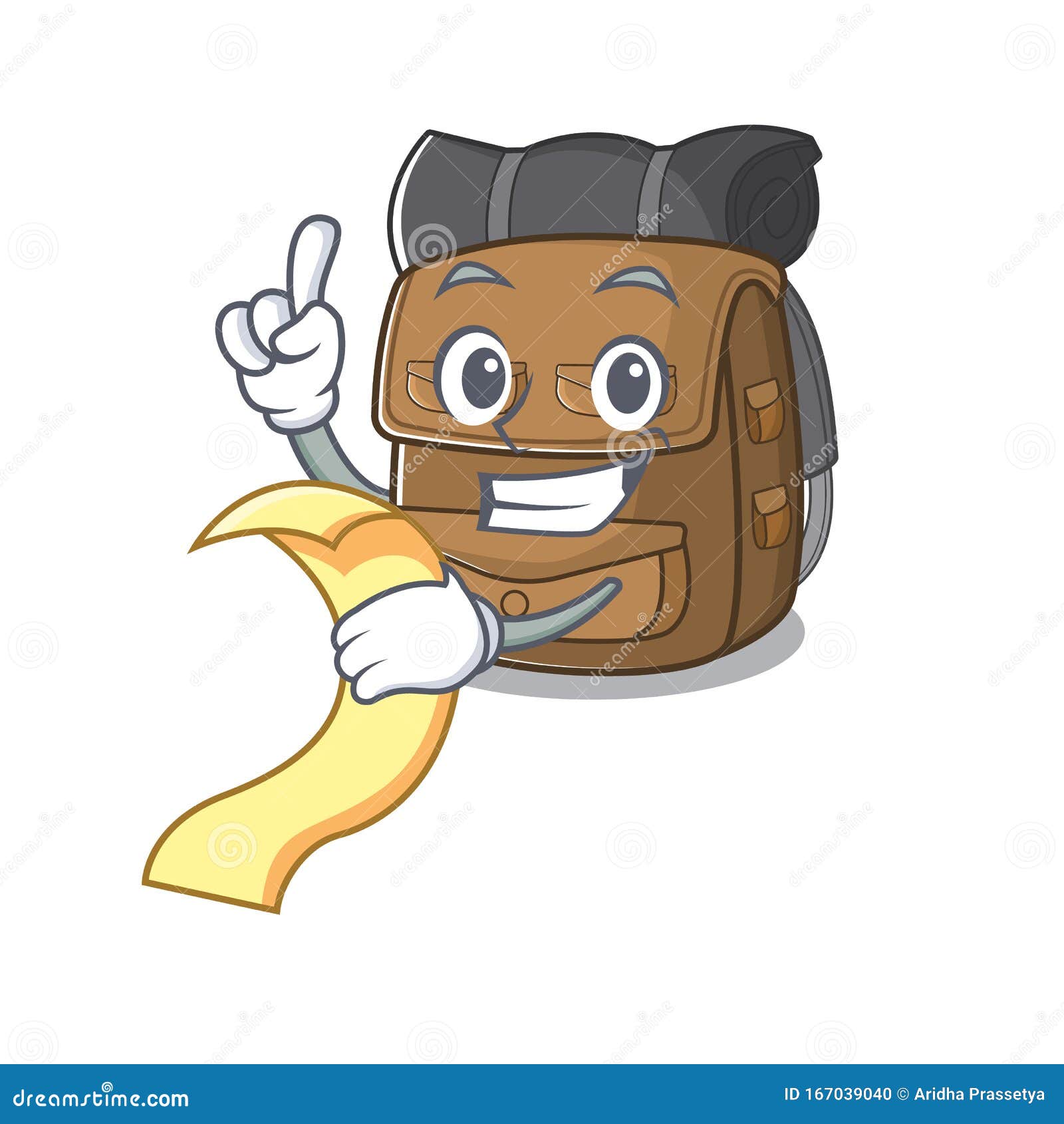 Hiking Backpack Scroll Cartoon Character Holding Menu Ready To Serve ...