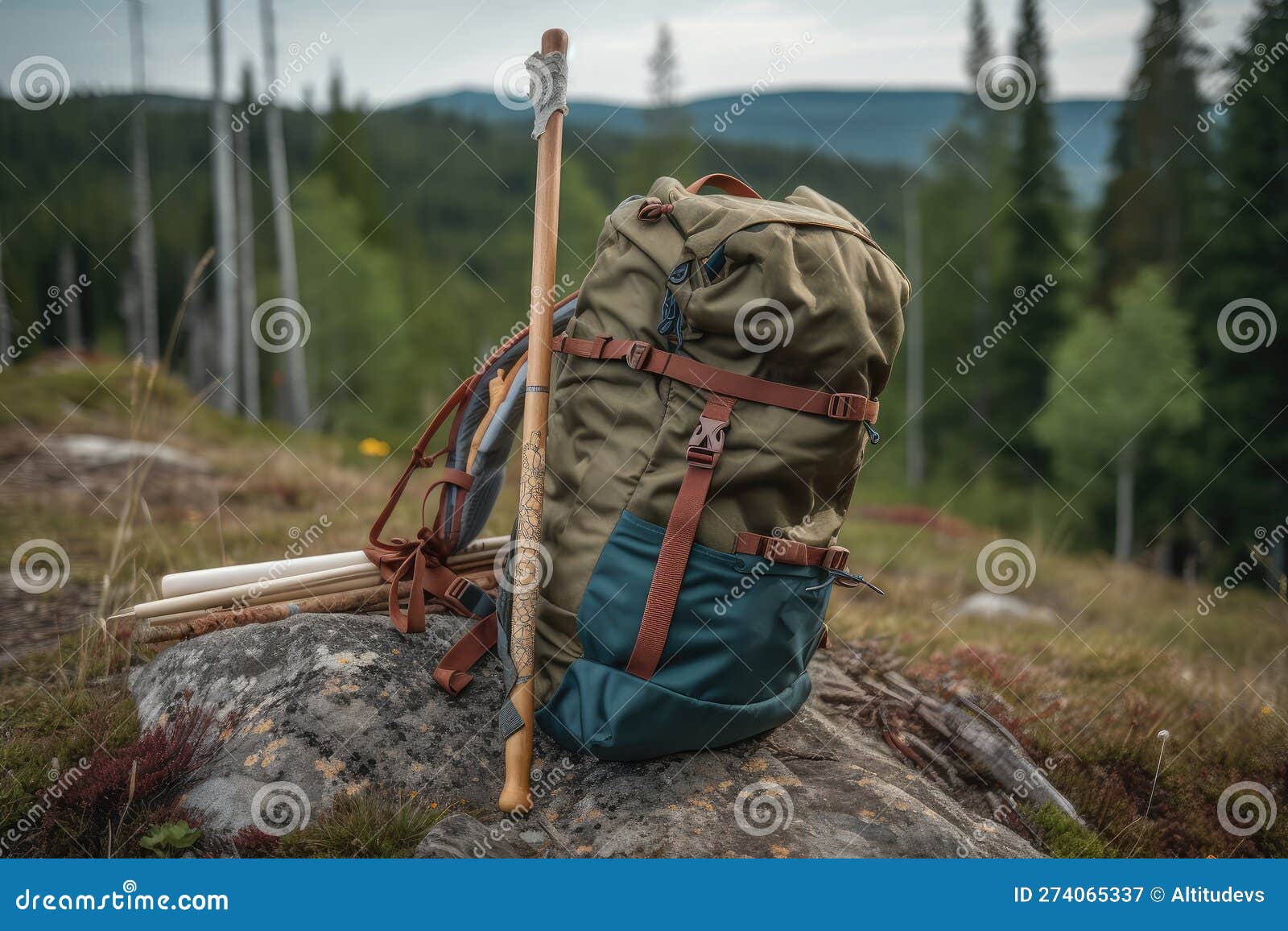 Hiking Backpack with Hiking Sticks and Map Visible on the Exterior of ...